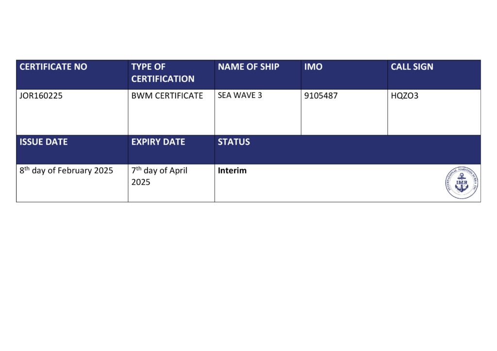 M/V SEA WAVE 3 - BWM CERTIFICATE - International Maritime Bureau