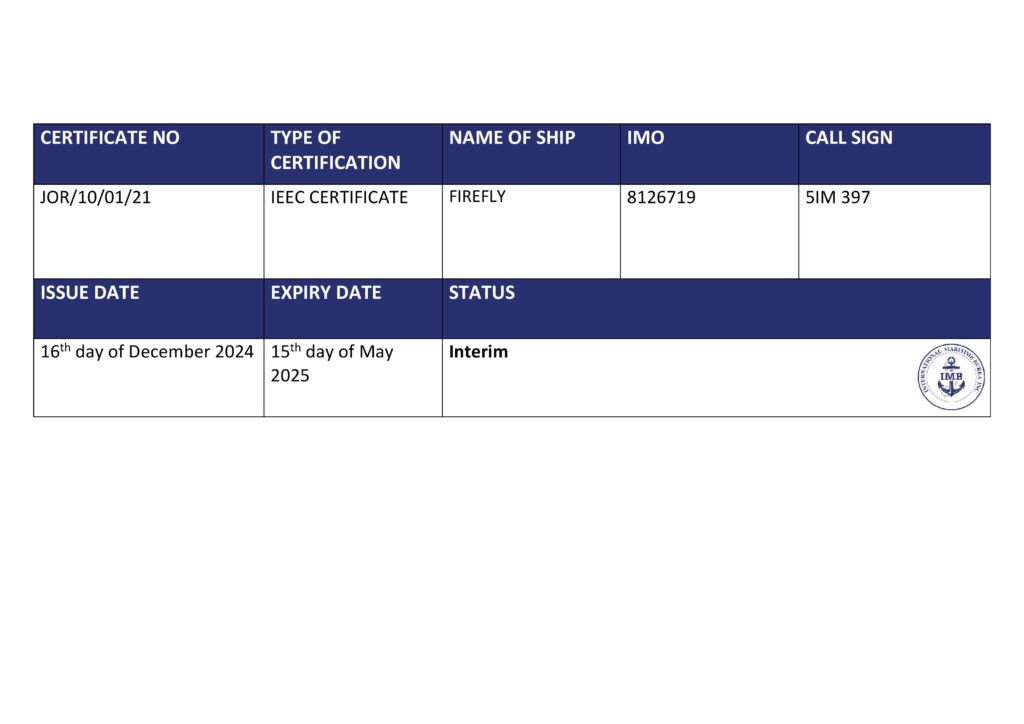 M/V FIREFLY - IEEC CERTIFICATE - International Maritime Bureau