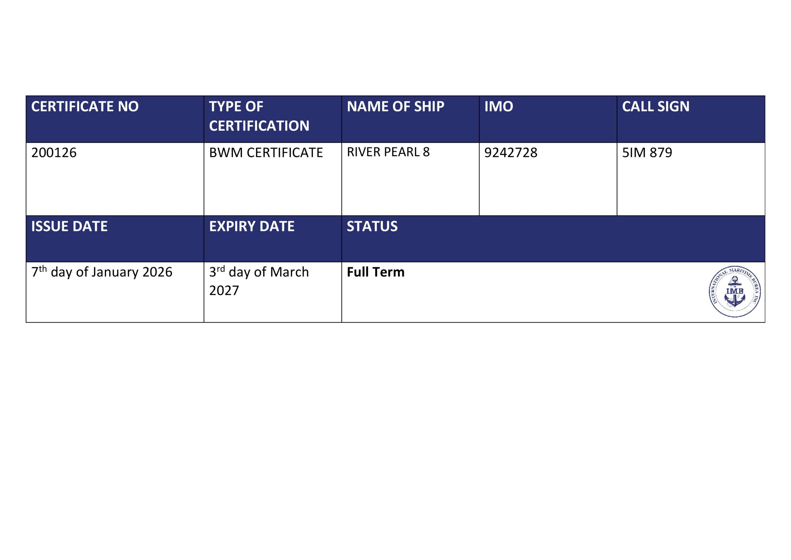 M/V RIVER PEARL 8 - BWM CERTIFICATE - International Maritime Bureau